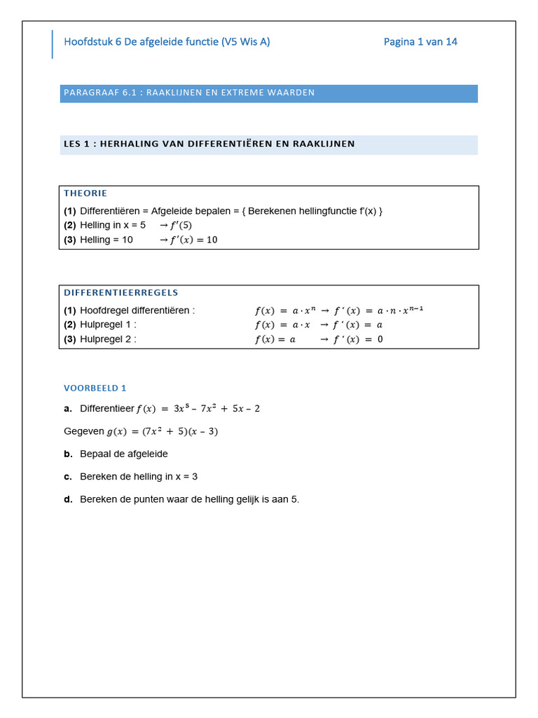 Hoofdstuk 6 De afgeleide functie (V5 Wis A) | PDF