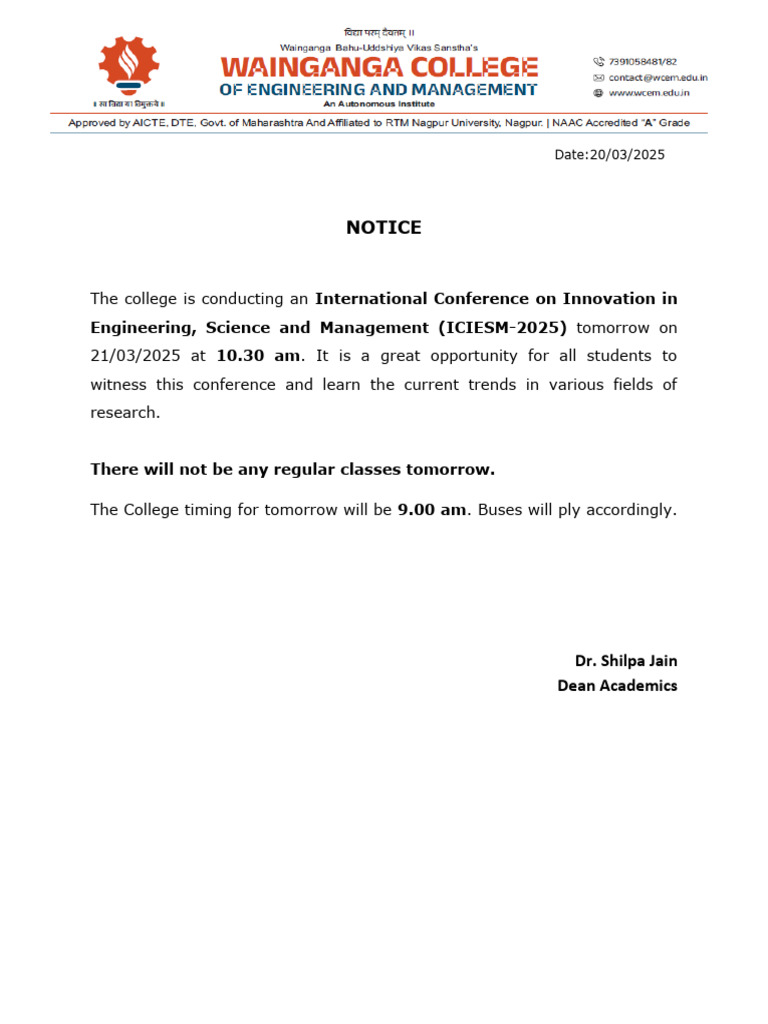 Notice for College Timing on 21 March 2024 | PDF