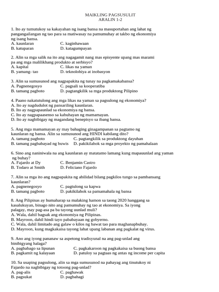Yunit 4 Aralin 1-2 Quiz | PDF