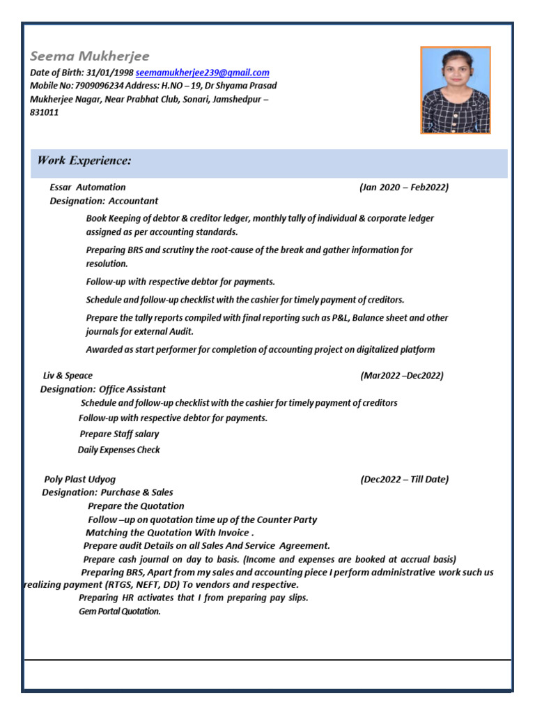 Update Seema Mukherjee CV - 01-02-2025 | PDF | Bookkeeping | Money