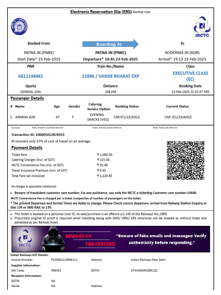 Patna JN(PNBE)-Koderma JN(KQR), Vande Bharat 21896 | PDF | Identity Document