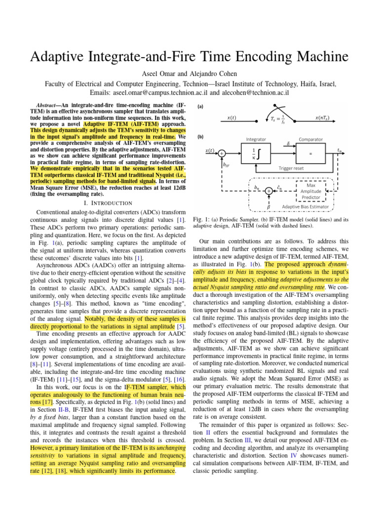 Adaptive Integrator and Fire Time Encoding Machine | PDF | Analog To Digital Converter ...