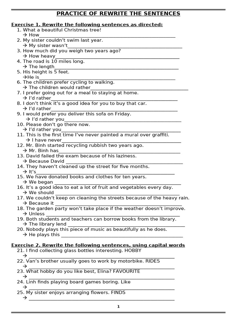 Sentence Rewrite Practice Exercises | PDF