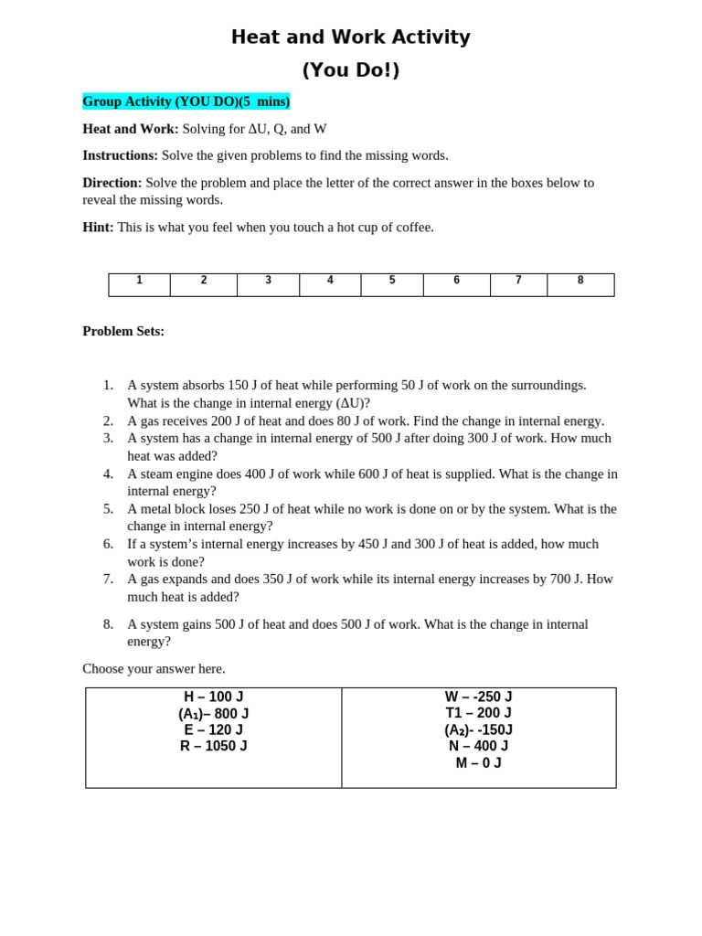 Heat and Work Activity | PDF