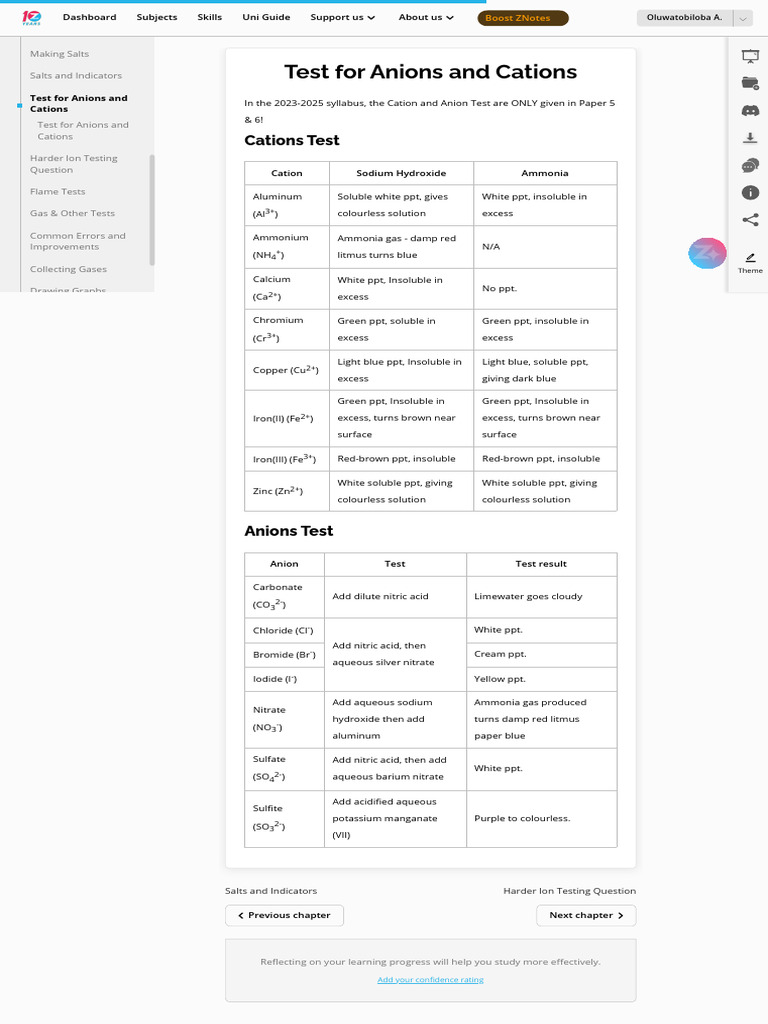 Test For Anions and Cations | PDF | Ion | Solubility