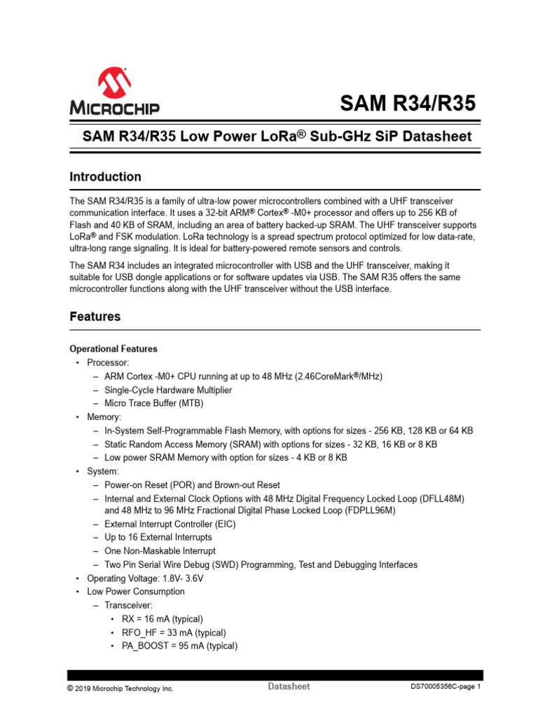 SAM R34 R35 Low Power LoRa Sub GHZ SiP Data Sheet DS70005356C | PDF ...