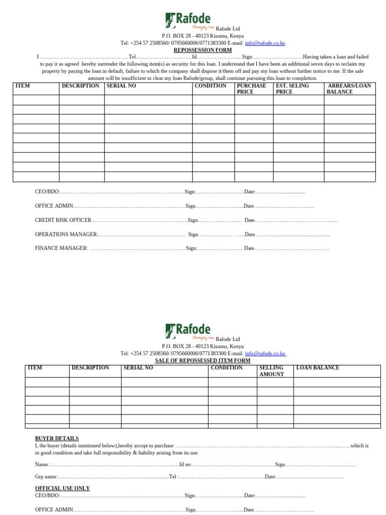 Rafode Ltd Repossession and Sale Forms | PDF | Business Law | Private ...