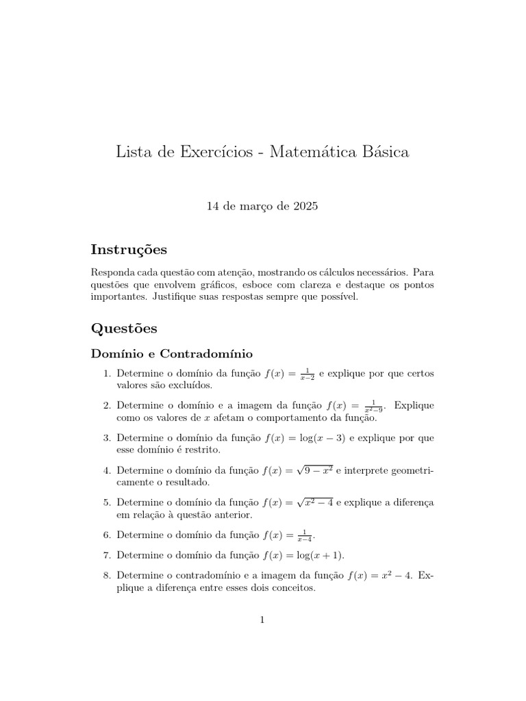 Exercícios de Matemática Básica: Funções | PDF | Função (Matemática ...