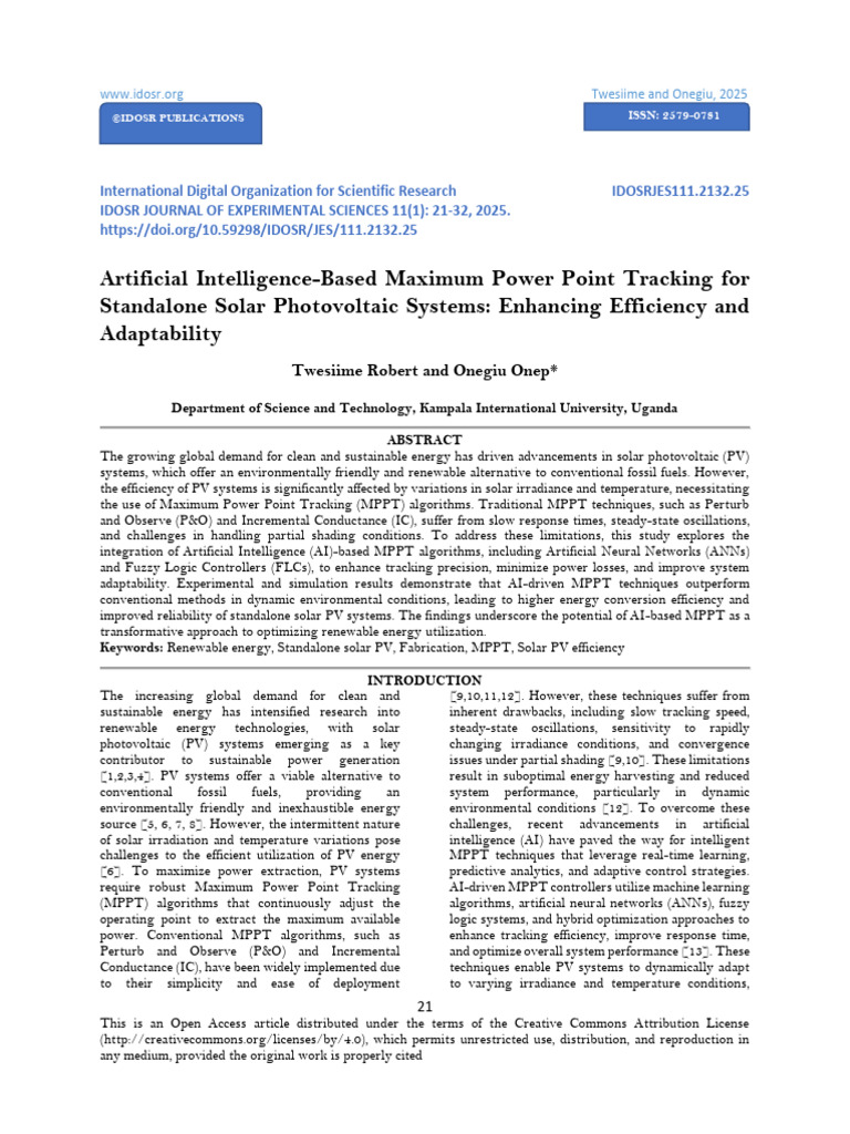 Artificial Intelligence-Based Maximum Power Point Tracking For Standalone Solar Photovoltaic ...