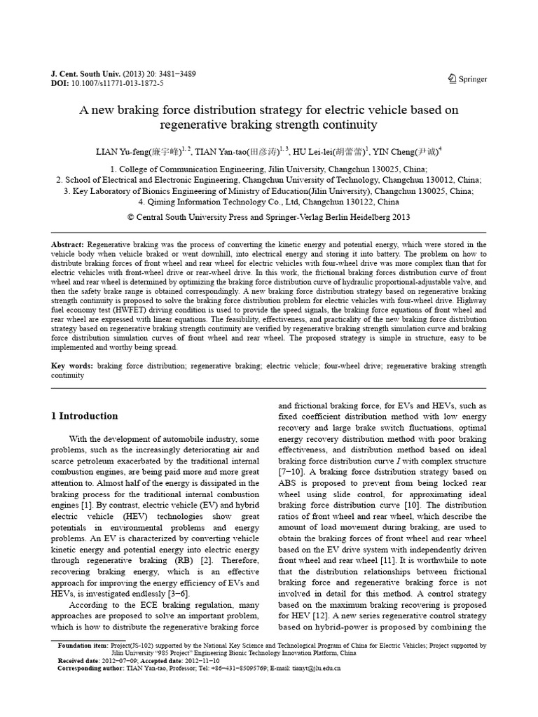 A New Braking Force Distribution Strategy For Electric Vehicle Based On ...