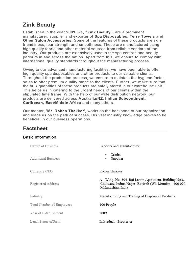 Zink Beauty Company Profile | PDF