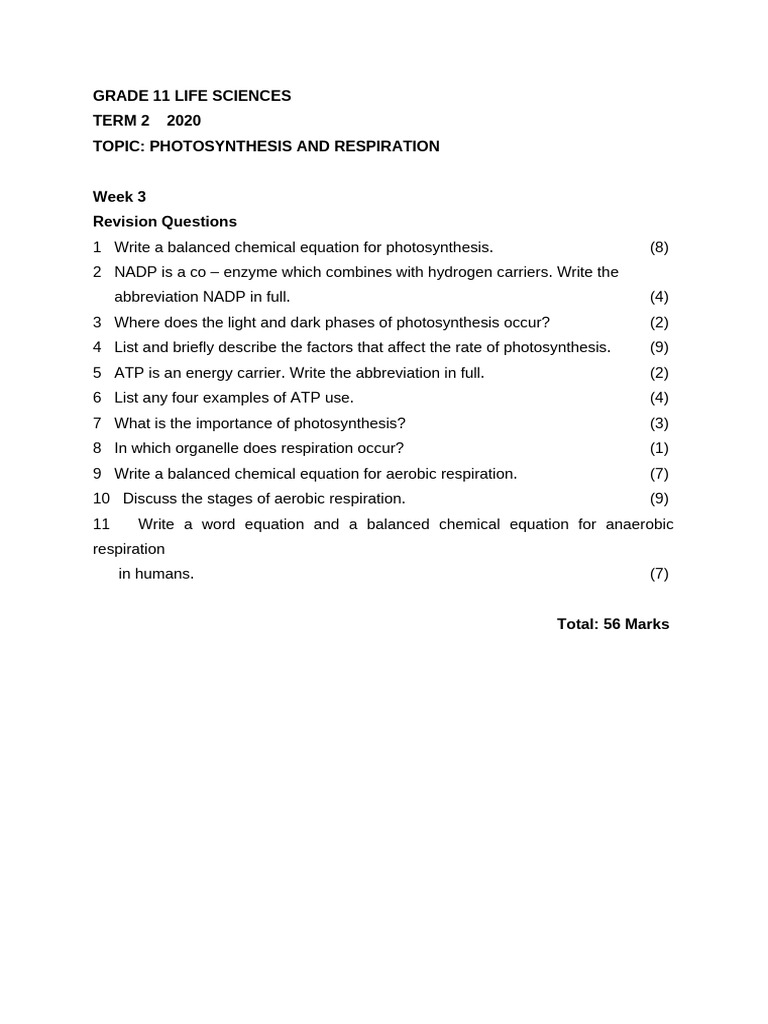 LIFE SCIENCES Gr11 REVISION QUESTIONS 4may PhotosynthesisRespiration | PDF