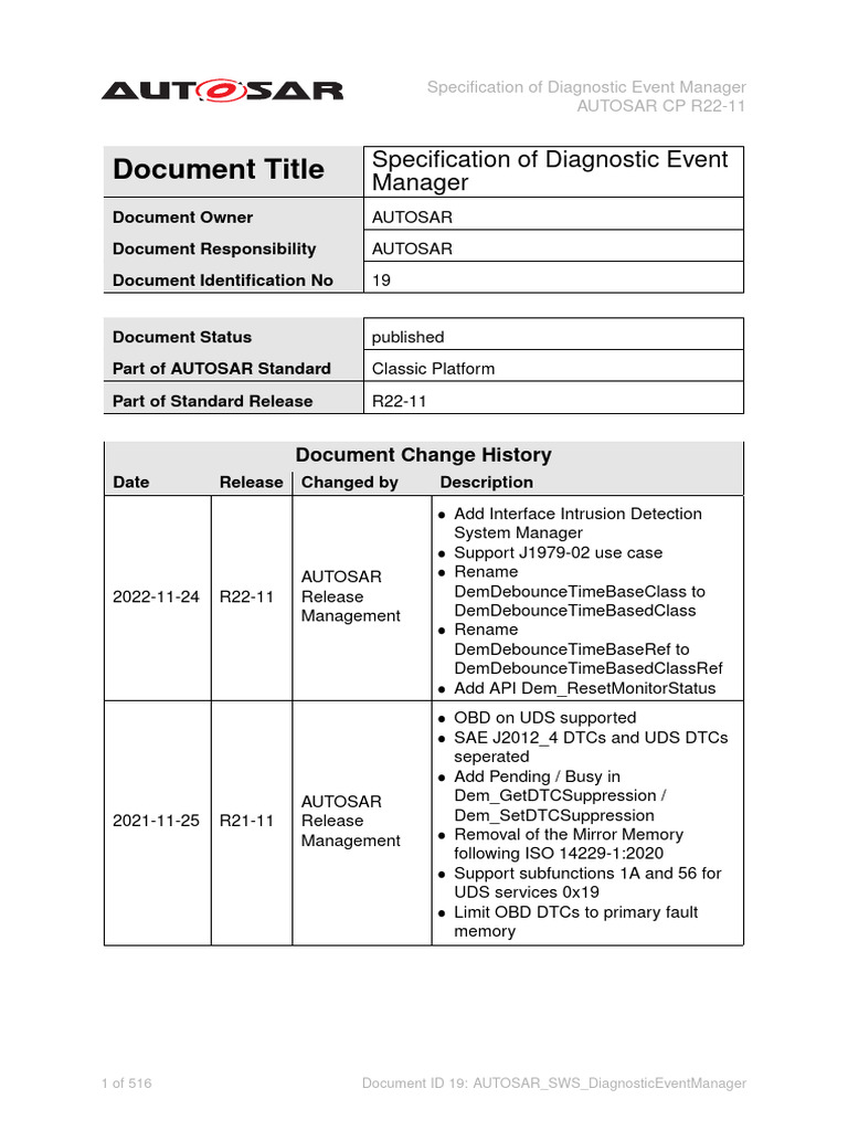 AUTOSAR SWS DiagnosticEventManager | PDF | Software Development | Computer Engineering