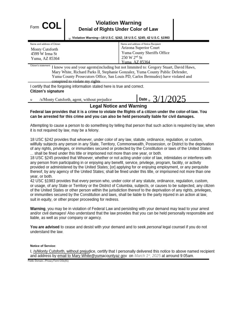 Superior Court Violation of Rights Under Color of Law | PDF | Title 18 ...