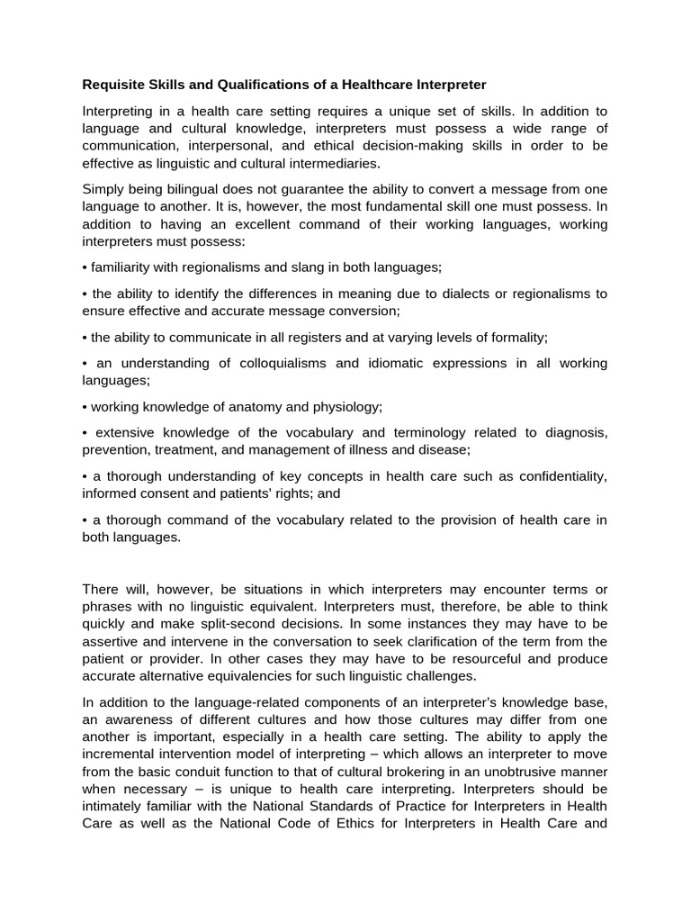 TASK 2 - Skills and Qualifications of A Healthcare Interpreter | PDF ...