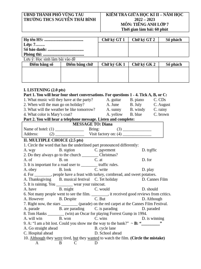 TA 7 đề cương gk2 22-23 NTB | PDF | Transport | Carnival