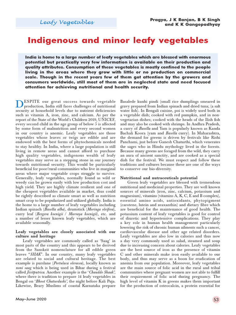 Ojsadmin, 07 Indigenous and Minor Leafy Vegetables | PDF | Vegetables