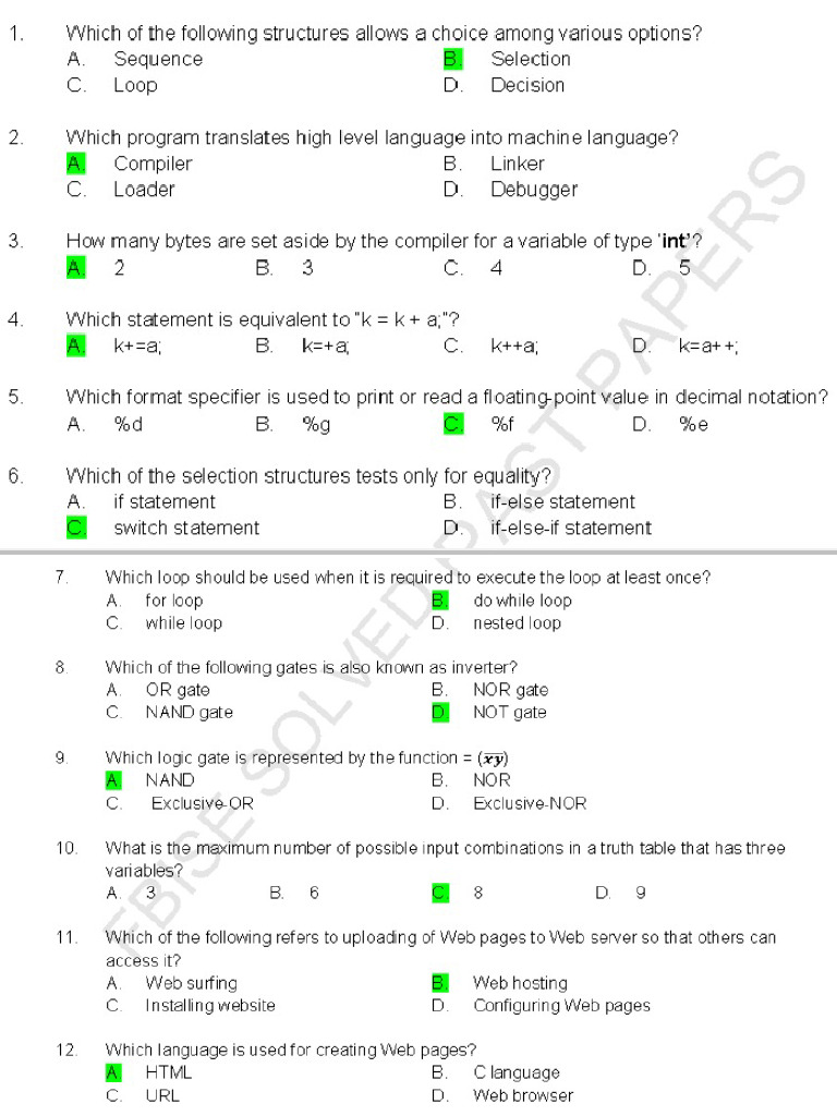 Cmputer Science ALL PAST PAPER AND MODEL PAPER MCQs Class 10 | PDF