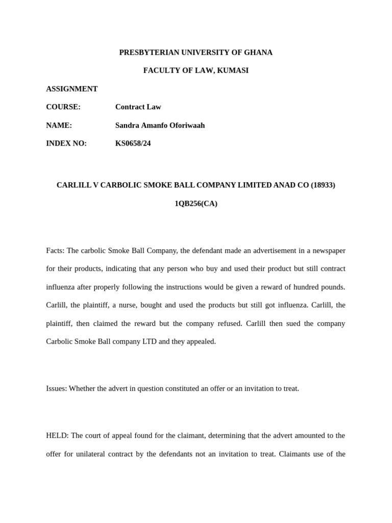 Carlill V Carbolic Smoke Ball Company Limited Anad Co | PDF | Pharmacy ...