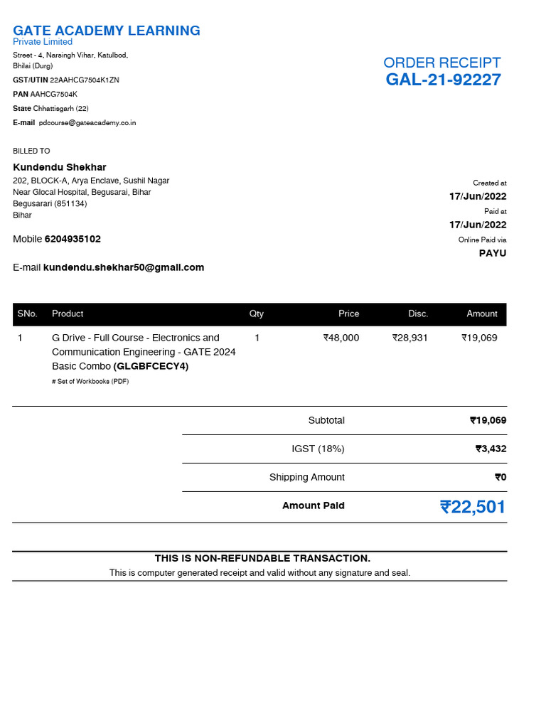 Order Receipt: Gate Academy Learning | PDF