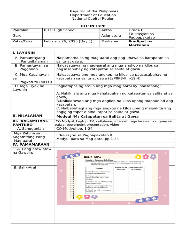 Dlp-q4-Modyul 44 Day 1 | PDF