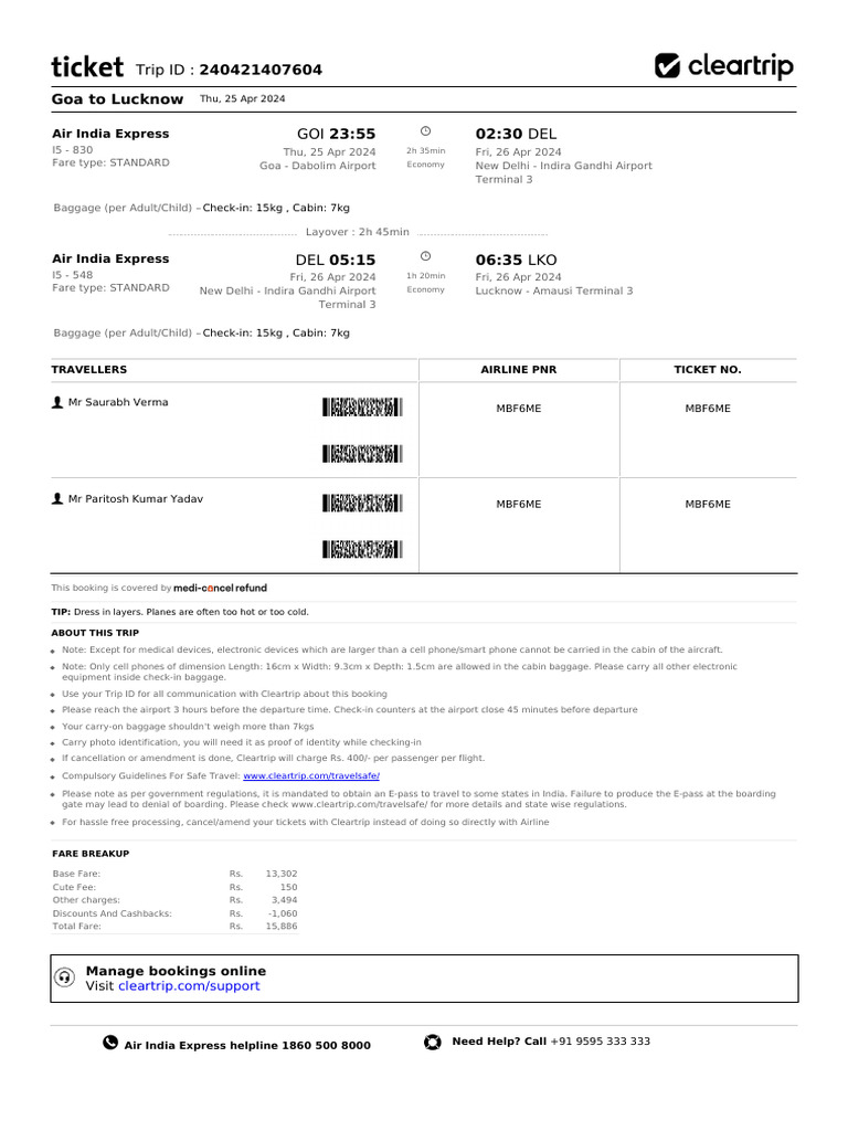 Cleartrip Flight E-Ticket | PDF | Airport | Transport