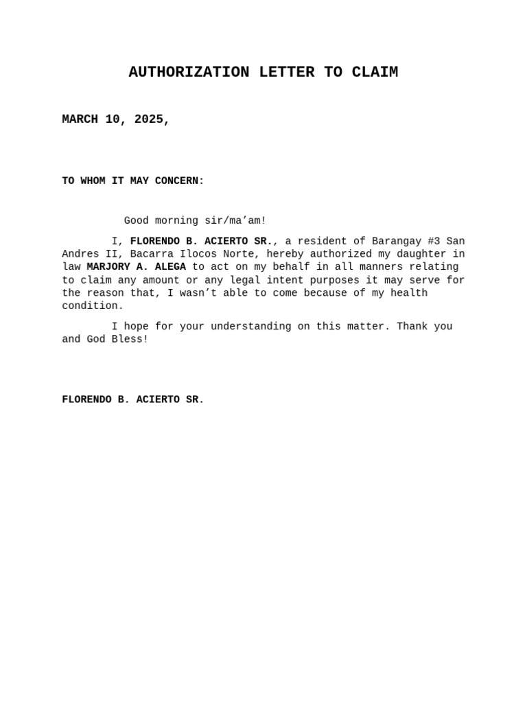 Authorization Letter for Claim | PDF