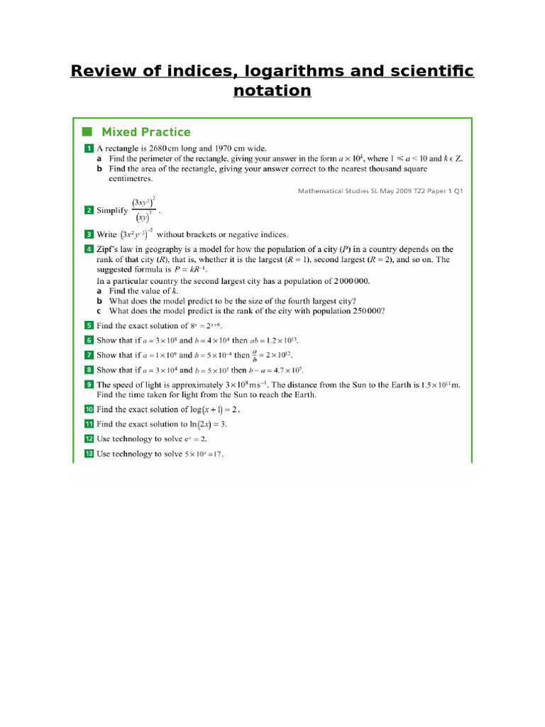 Review of Indices, Logarithms and Scientific Notation | PDF