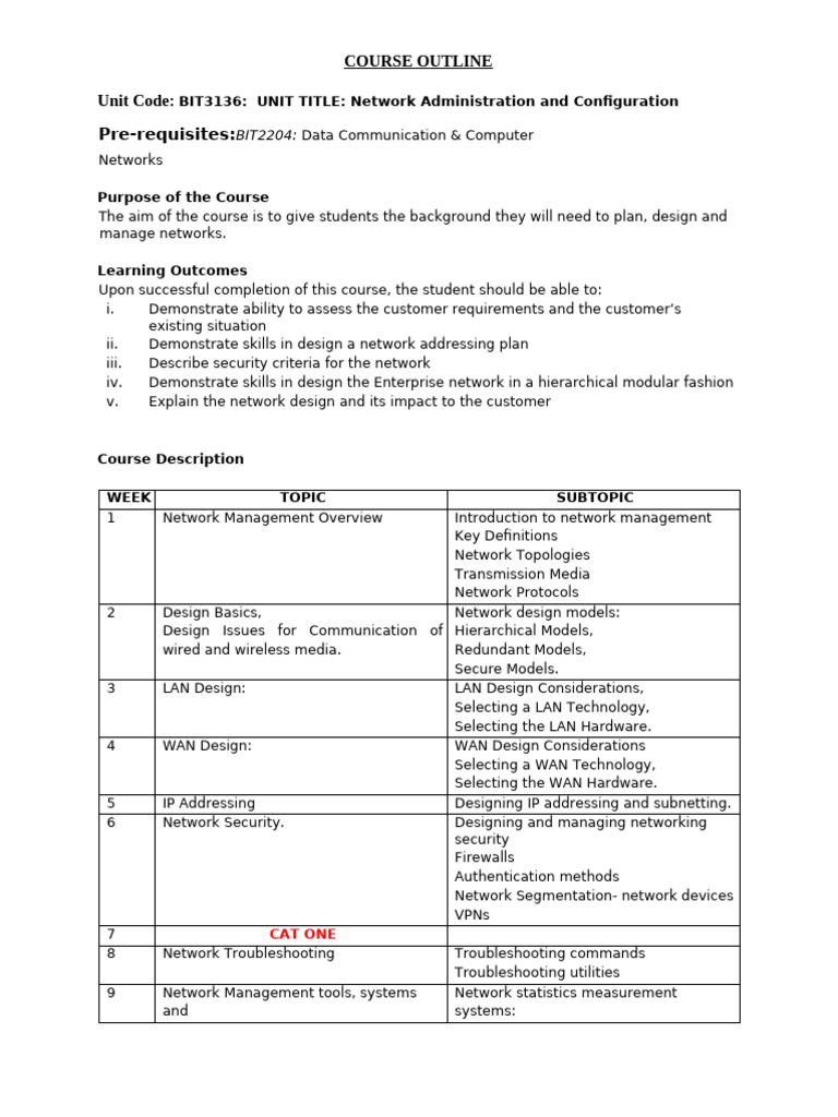 BIT3136 Network Administration and Confuguration Course Outline | PDF ...