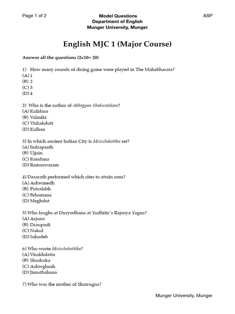 MJC English Model Questions | PDF