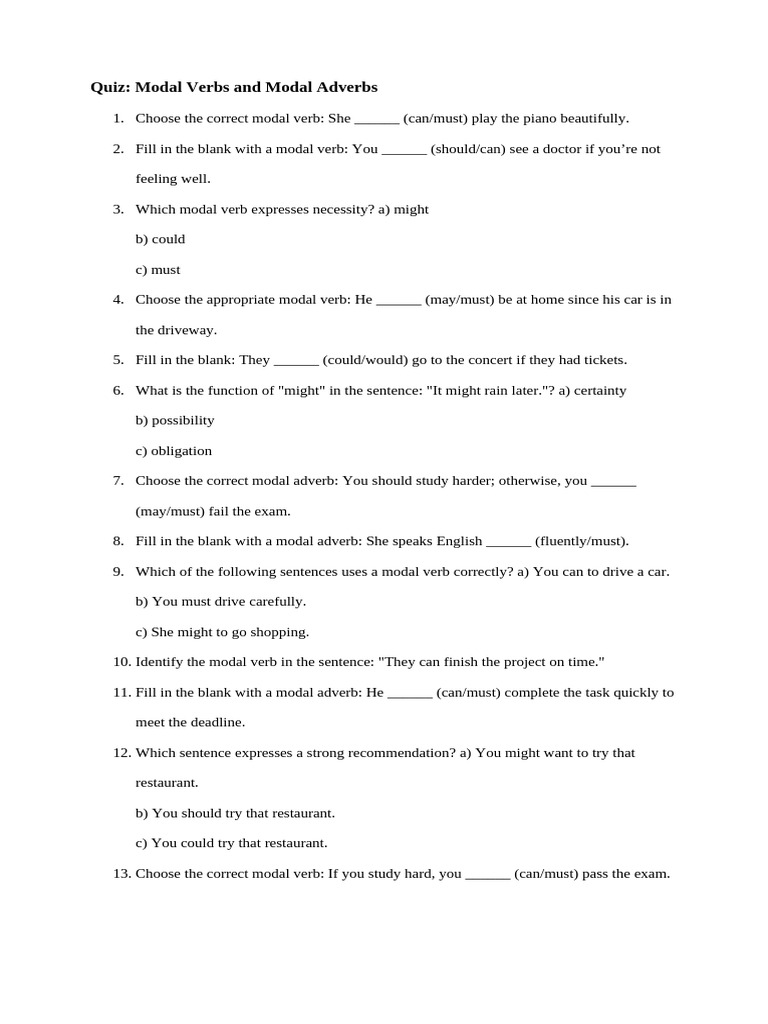 Modal Verbs and Adverbs Quiz | PDF