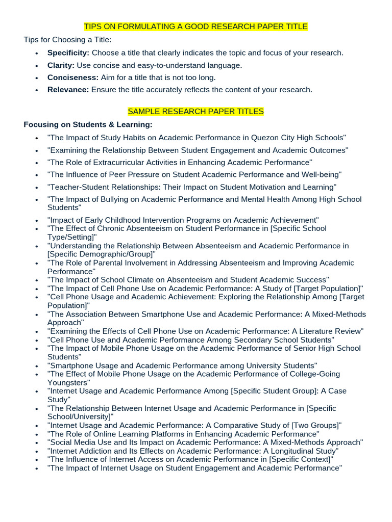 TIPS ON FORMULATING A GOOD RESEARCH PAPER TITLE - g10 | PDF | Social Psychology | Psychology