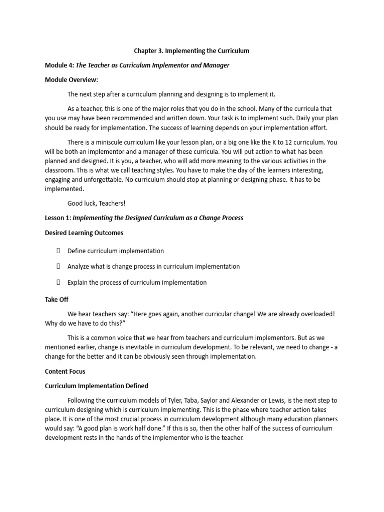 Chapter 3 Implementing The Curriculum | PDF | Curriculum | Learning