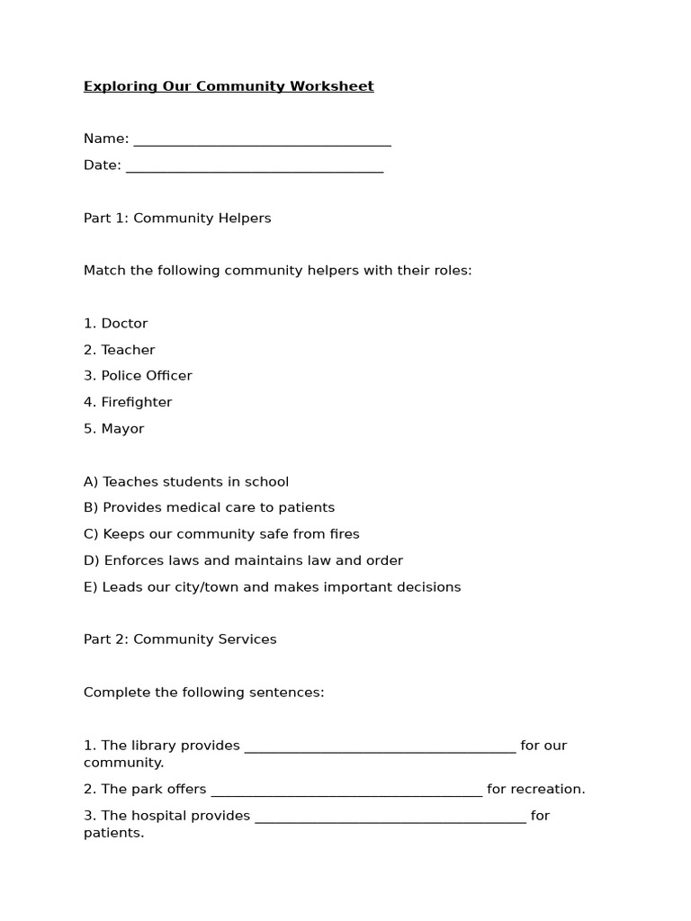 Community Exploration Worksheet for Grade 5 | PDF