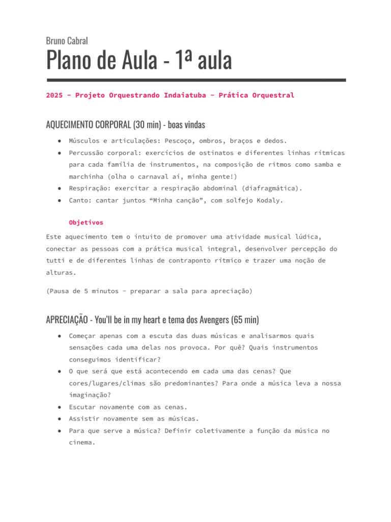 Plano de Aula - Prática Orquestral - 1 Aula | PDF