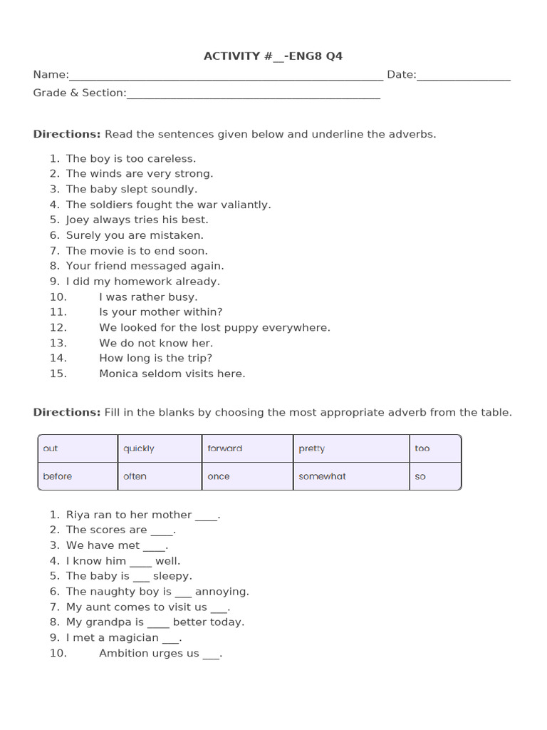 Adverb Activity Worksheet for Grade 8 | PDF