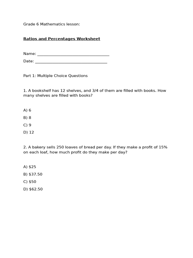 Ratios and Percentages Worksheet Grade 6 Mathematics | PDF