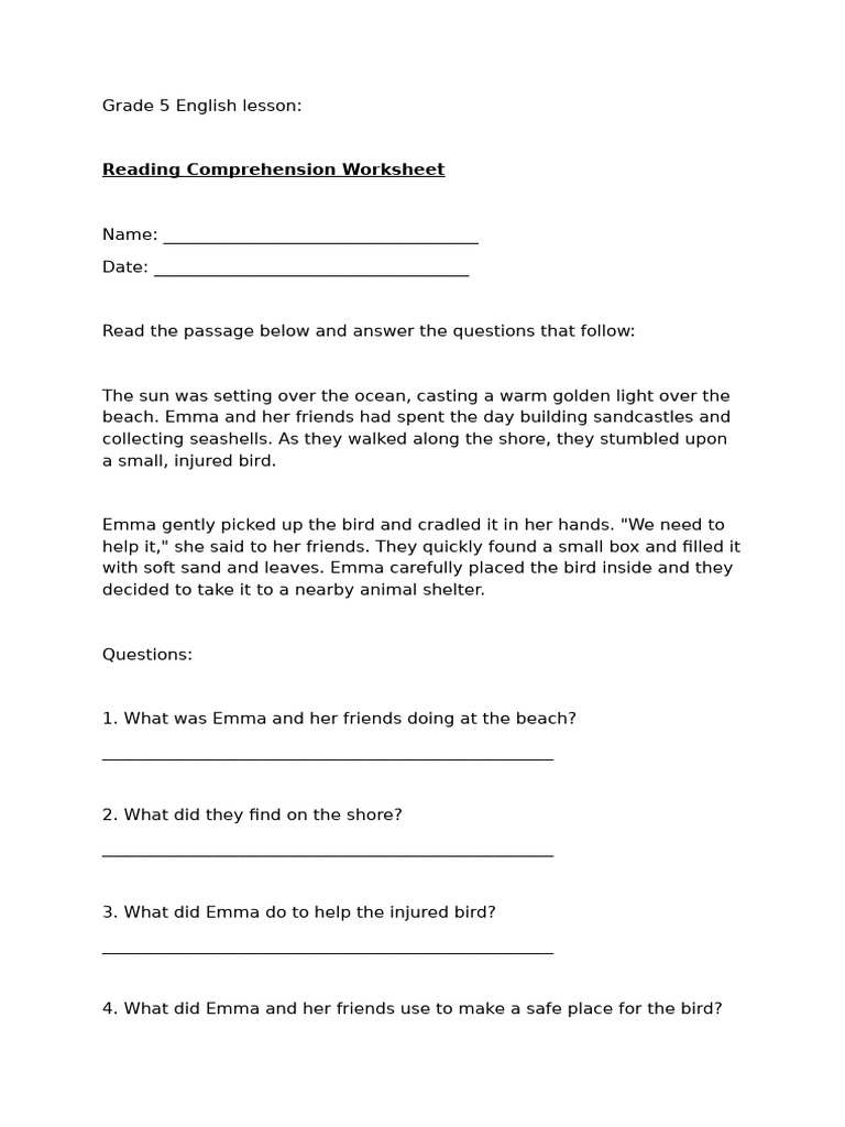 Reading Comprehension Worksheet | PDF