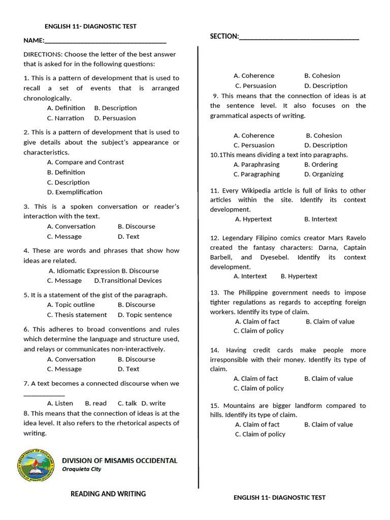 English 11 Diagnostic Test Overview | PDF | Essays | Intertextuality
