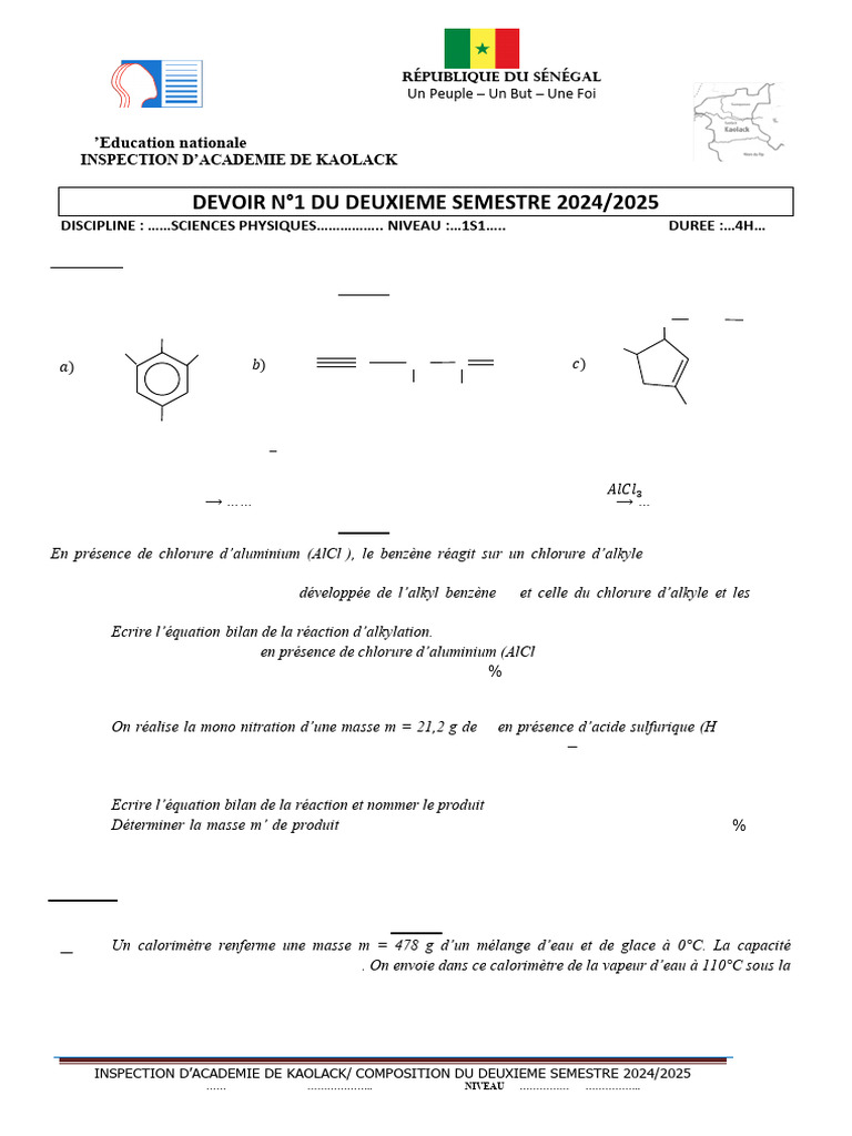 Devoir de Sciences Physiques 1S1 2024/2025 | PDF | Benzène | Chimie