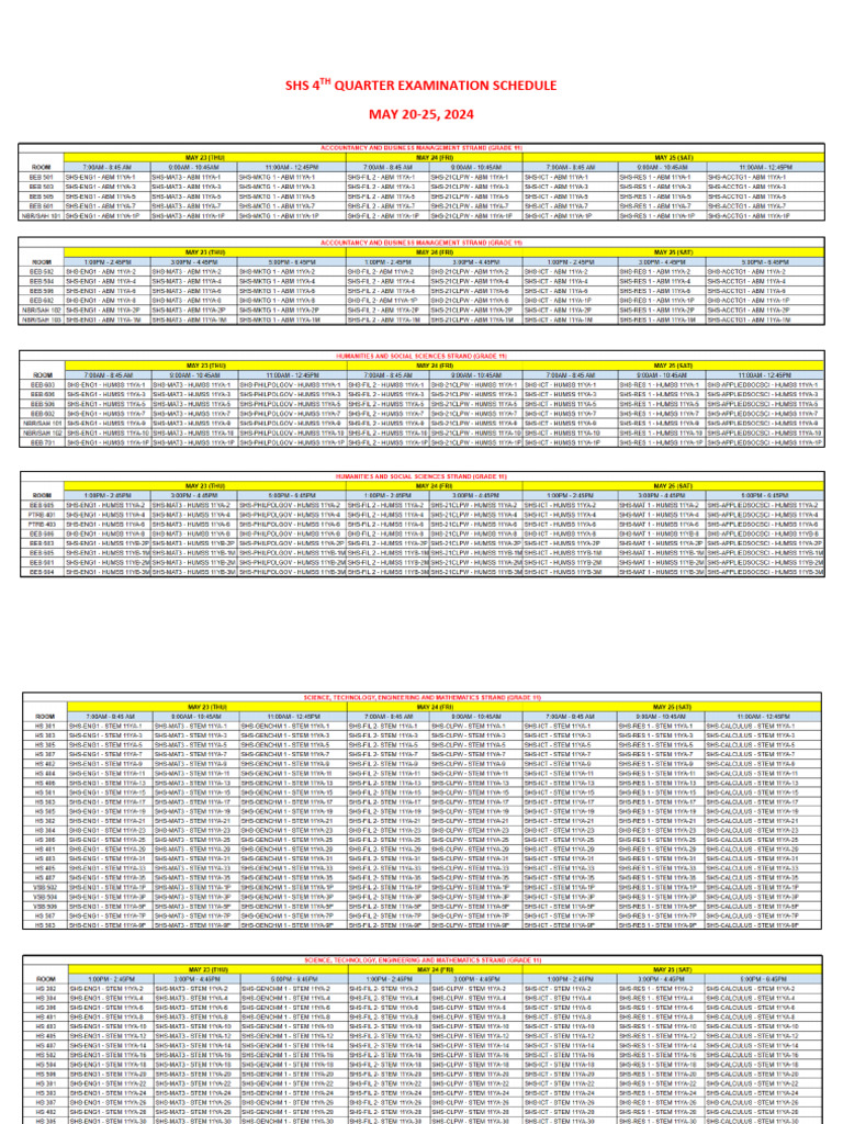 Shs 4th Quarter Examination Schedule | PDF