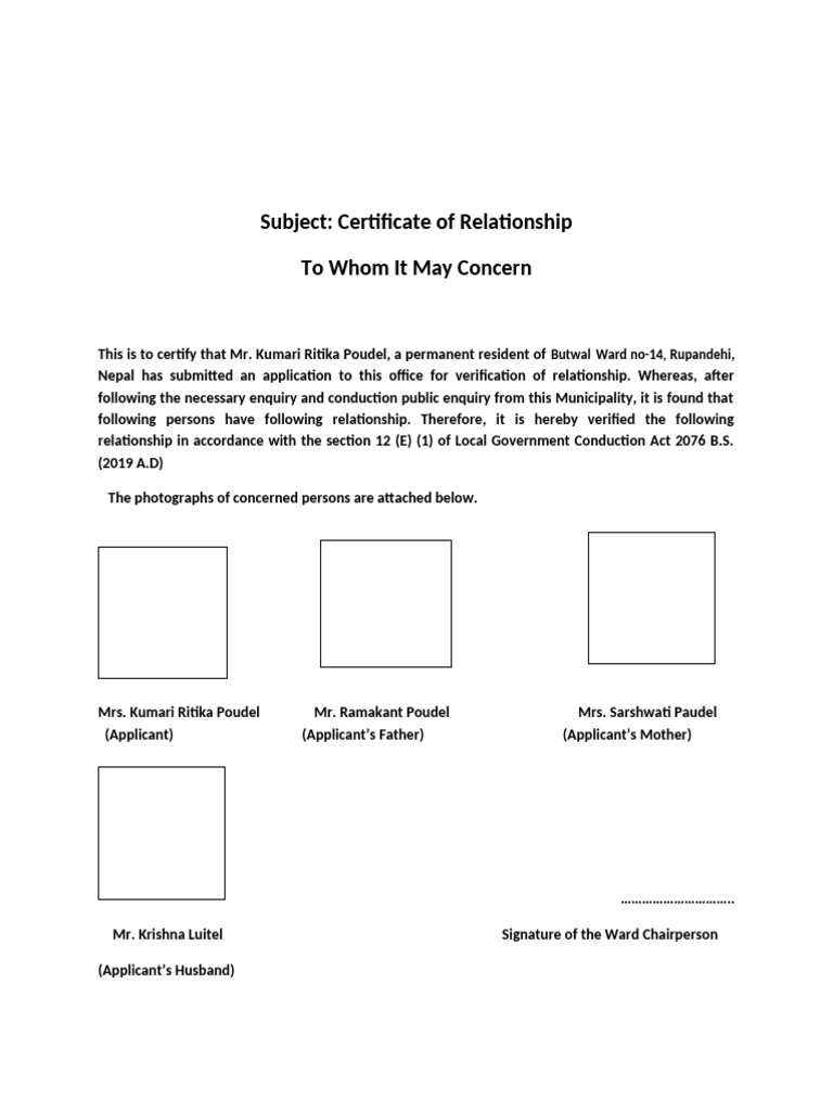 Sample Relationship Certificate | PDF
