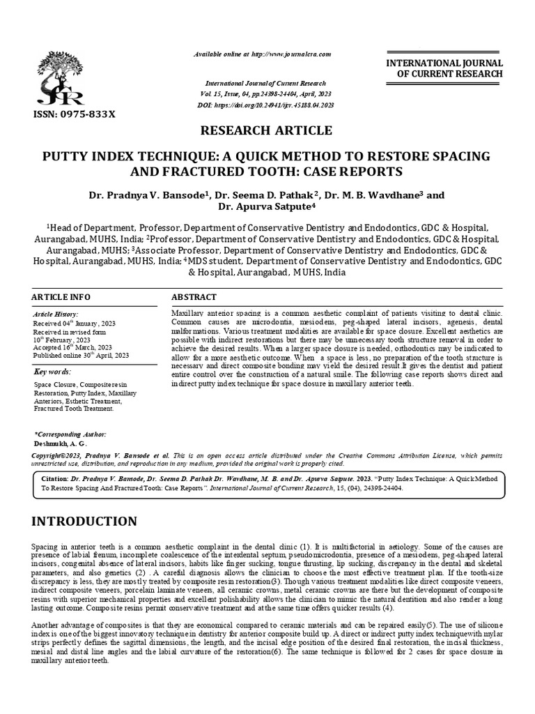 Research Article Putty Index Technique: A Quick Method To Restore ...