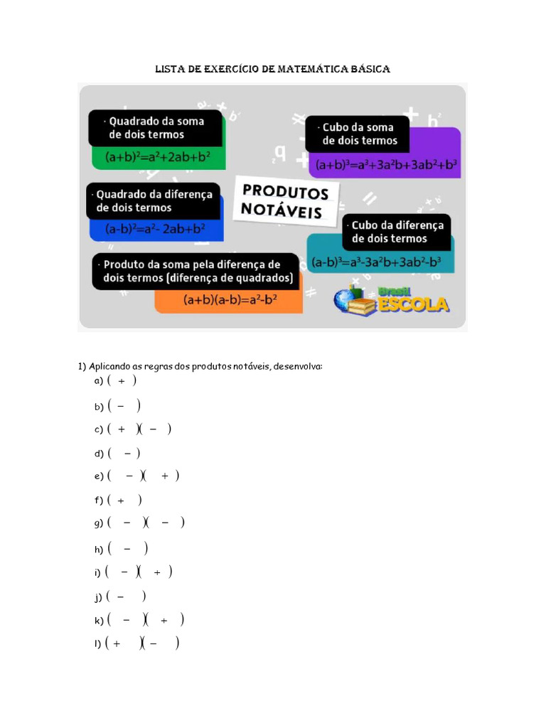 Lista de Exercício de Matemática Básica | PDF | Matemáticas | Álgebra