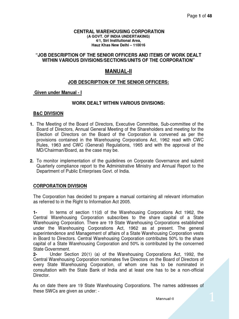 Senior Officers Job Descriptions CWC | PDF | Warehouse | Negotiable ...