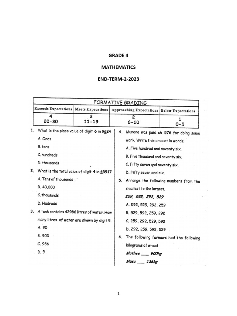Primary Grade 4 Mathematics End Term 2 2023 | PDF