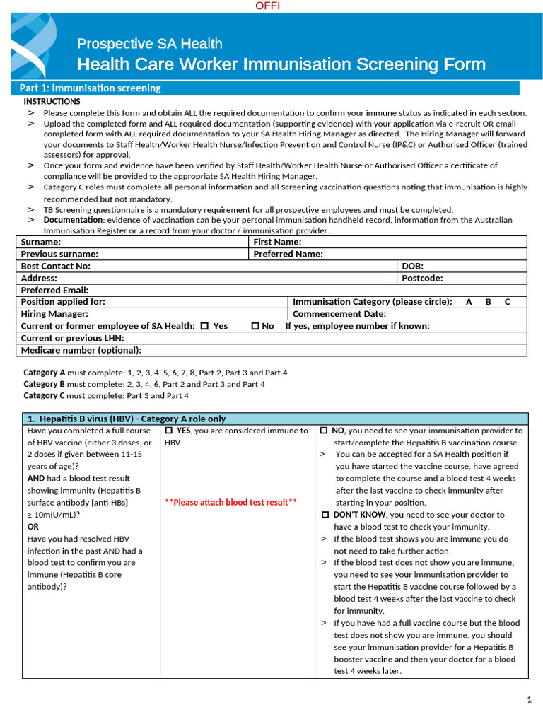SA Health Immunisation Screening Form | PDF | Vaccines | Hepatitis B