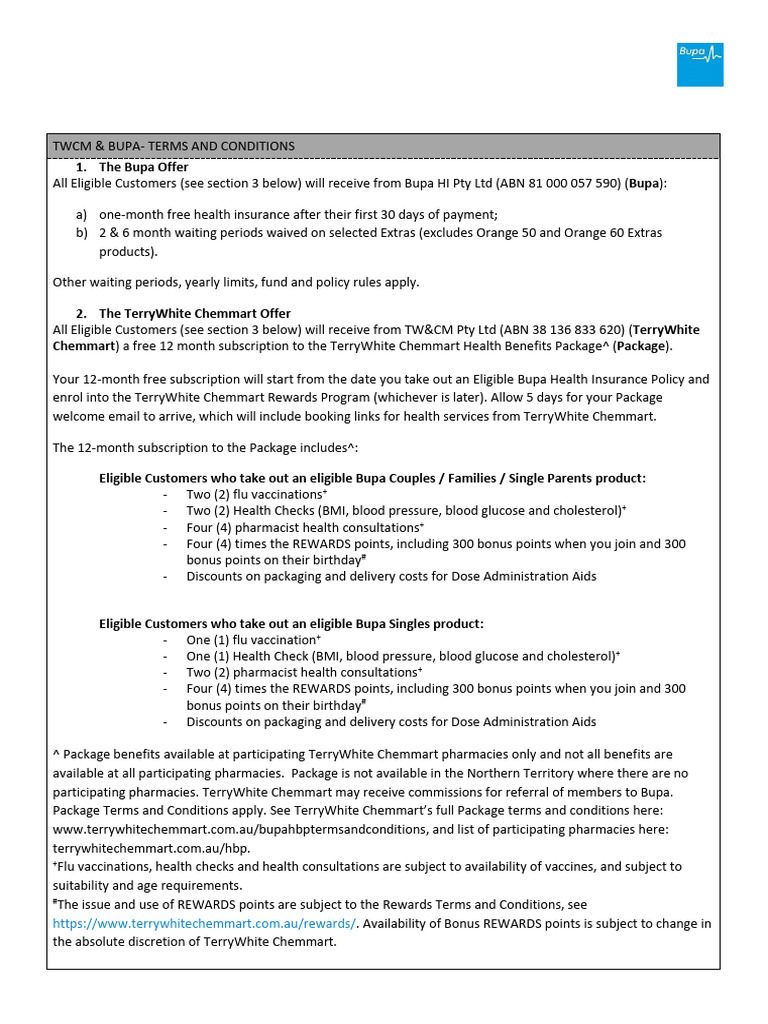 Terms TWCM Bupa Omf Sept Oct Acq | PDF | Insurance