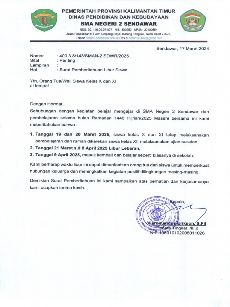 Surat Pemberitahuan Libur Siswa | PDF