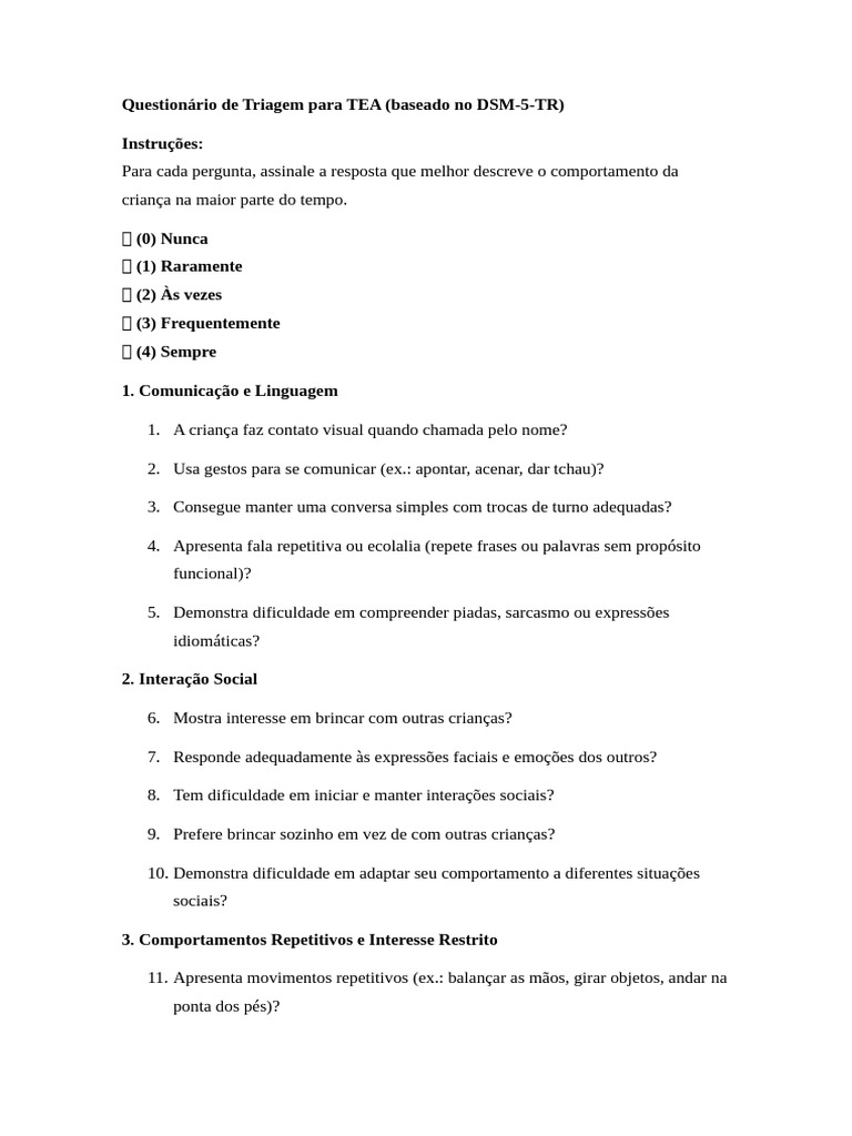 Questionário de Triagem para TEA | PDF | Autismo | Psicologia